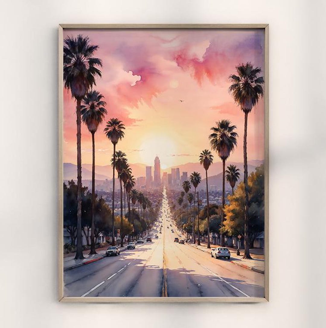 Los Angeles Skyline Art, Colorful Sunset Photography, Palm Tree Wall ...