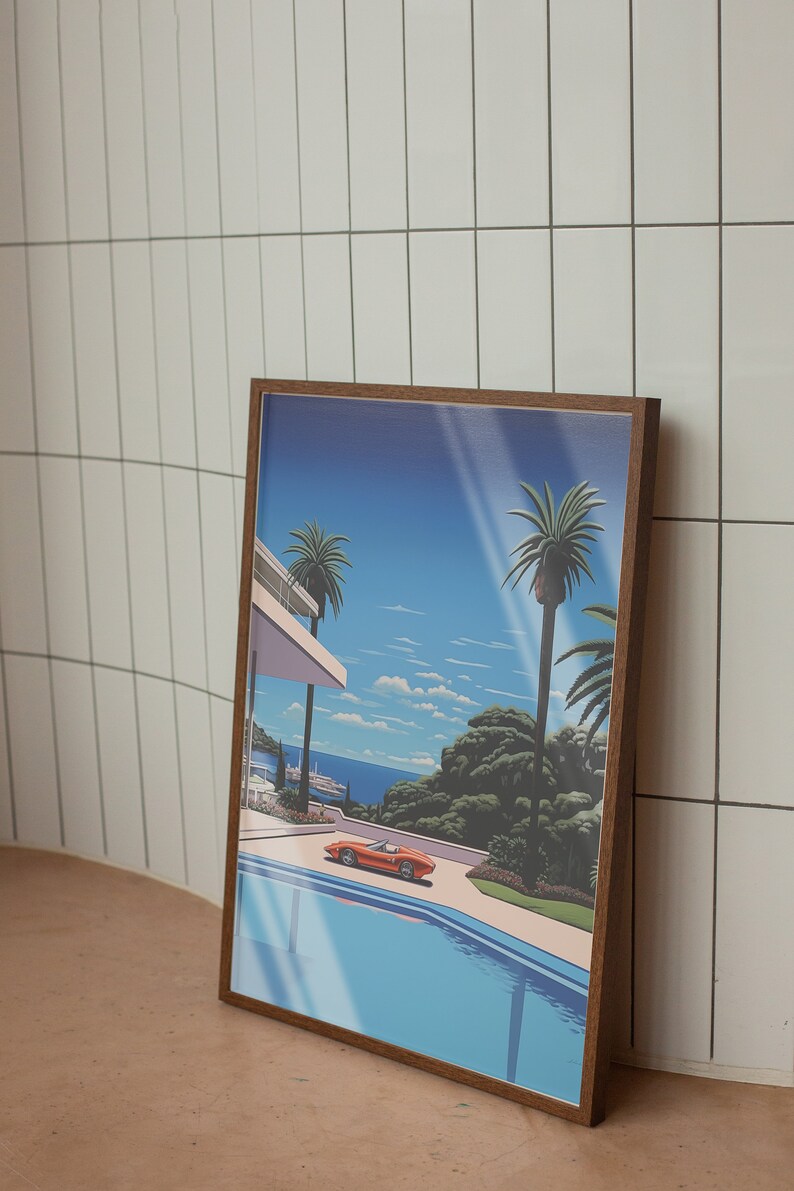 Hiroshi Nagai Ferrari in St Tropez Print, Vintage Ferrari Wall Art, 80s ...