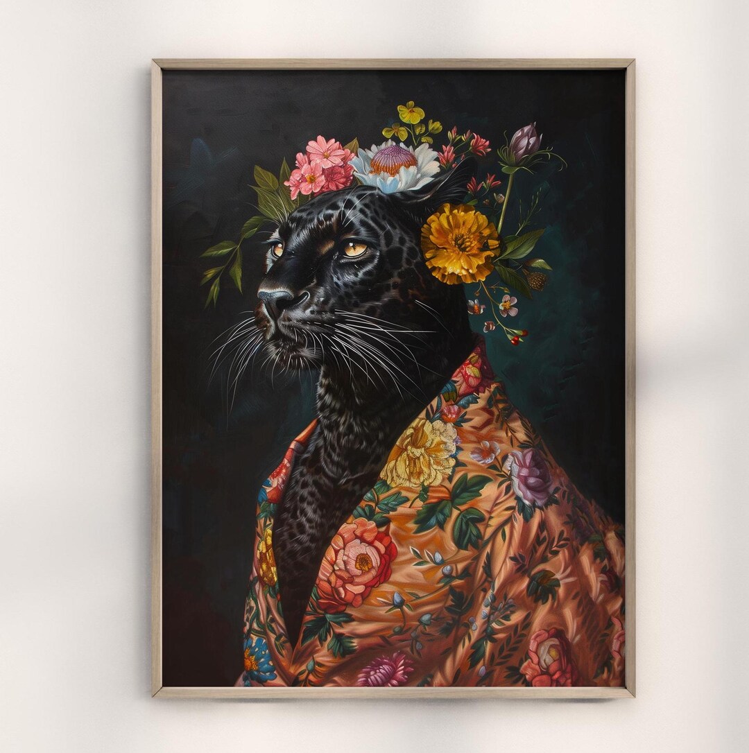 Maximalist Fashionista Black Panther Art Print, Floral Panther Portrait ...