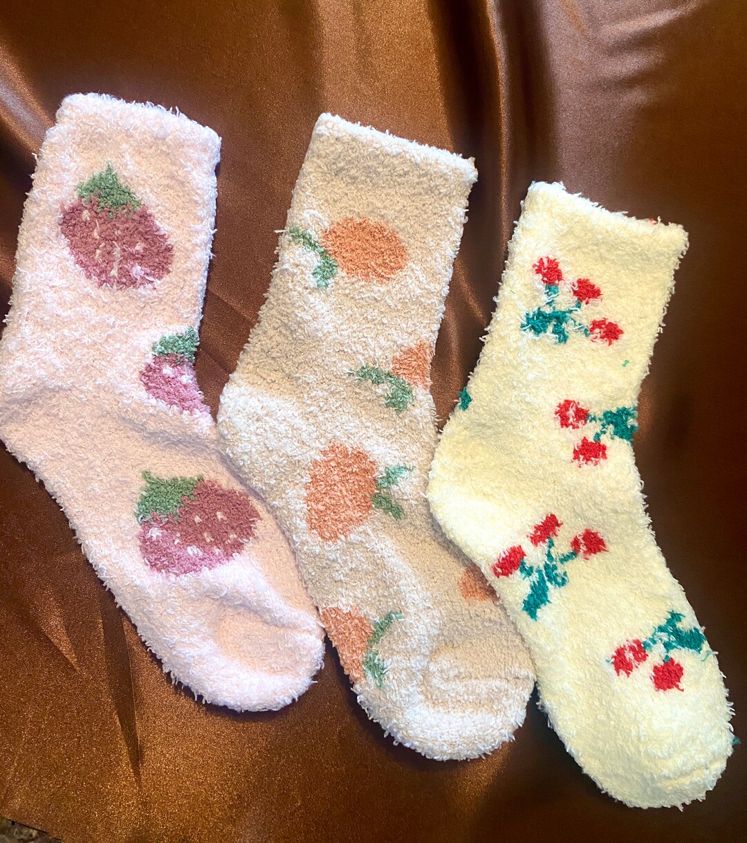 Fuzzy Fruit Socks, Cherries, Oranges, Strawberries - Etsy