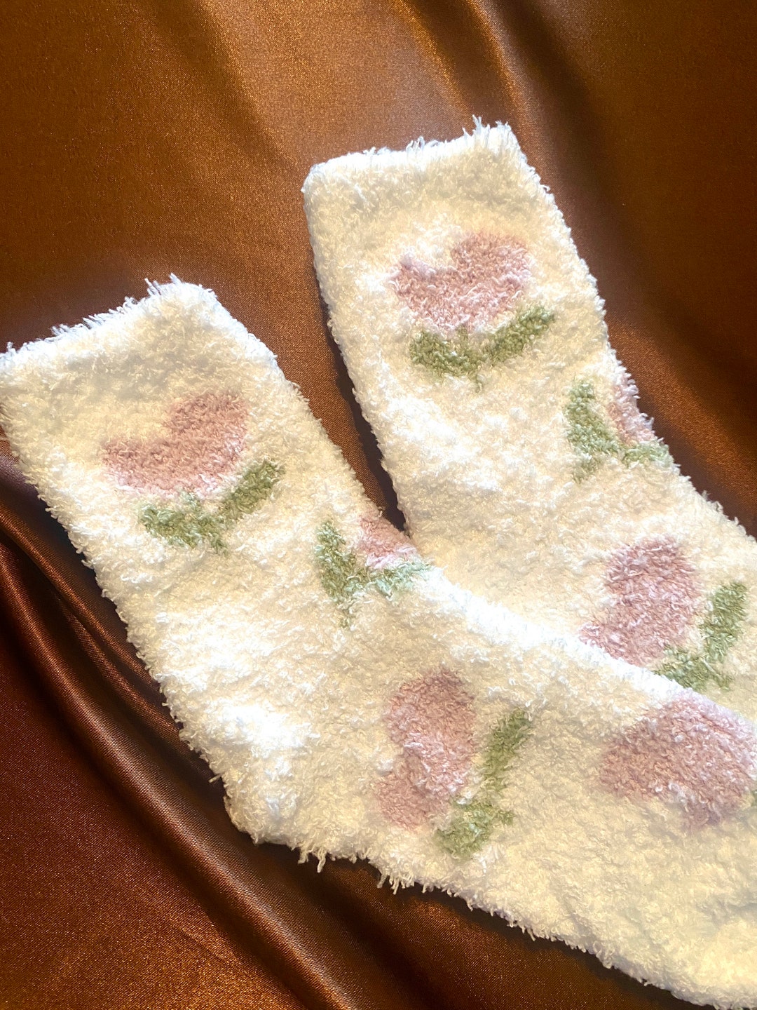 White Fuzzy Socks With Purple Flower - Etsy