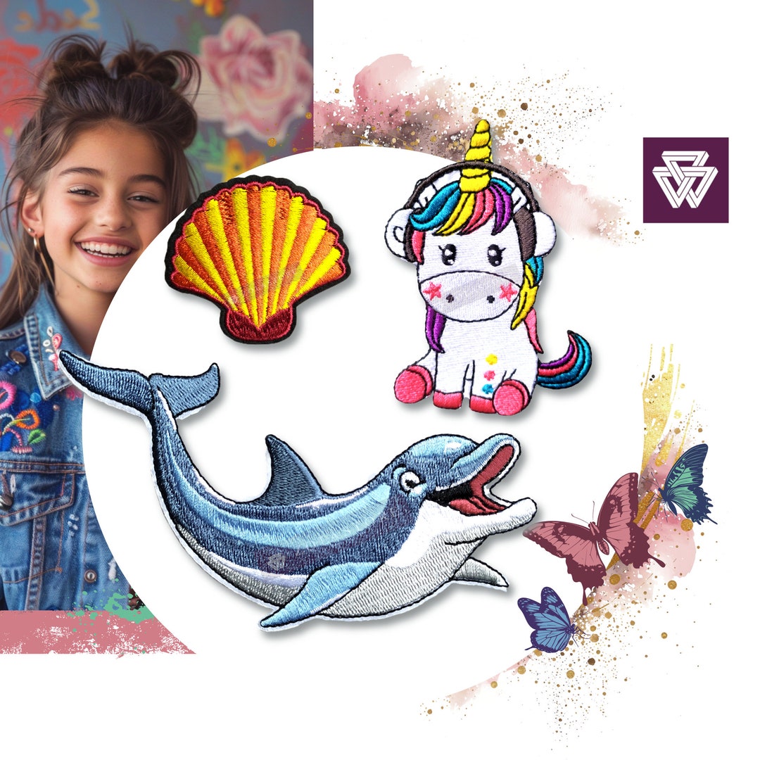 Dolphin Sticker Embroidered Patch Iron on Seashell Decorations Rainbow ...