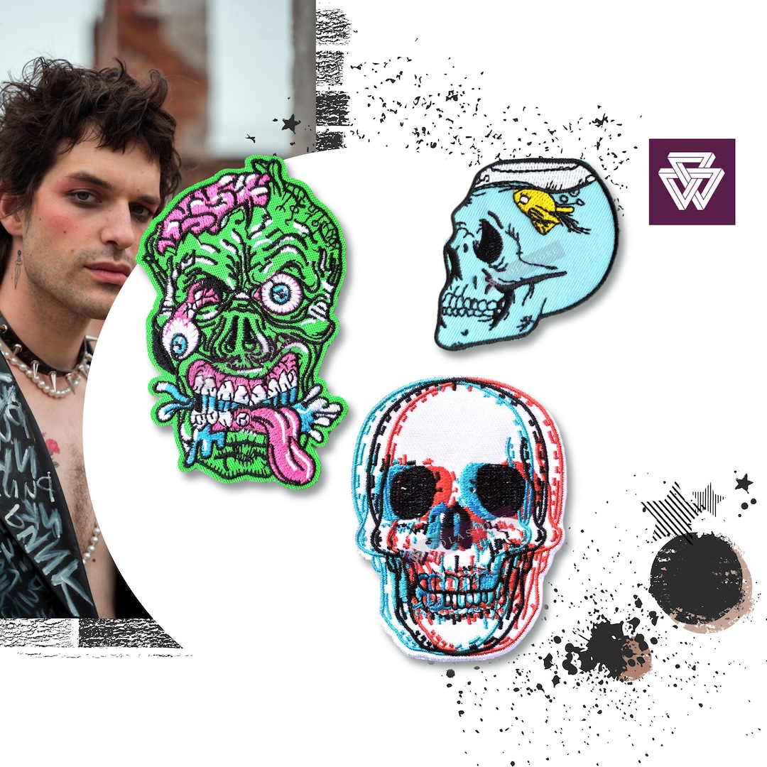 Skull Glitchcore Sticker Embroidered Patch Iron on | Crushed Skull With ...