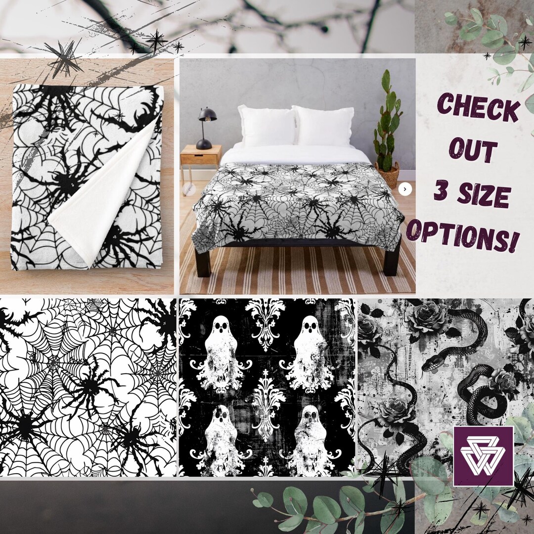 Fleece Gothic Blanket With Spider & Cobweb Printed Design | Baroque ...