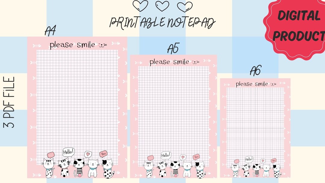Cute Pink Cat Printable Notepad Stationary Paper Kitten A4 A5 A6 PDF ...
