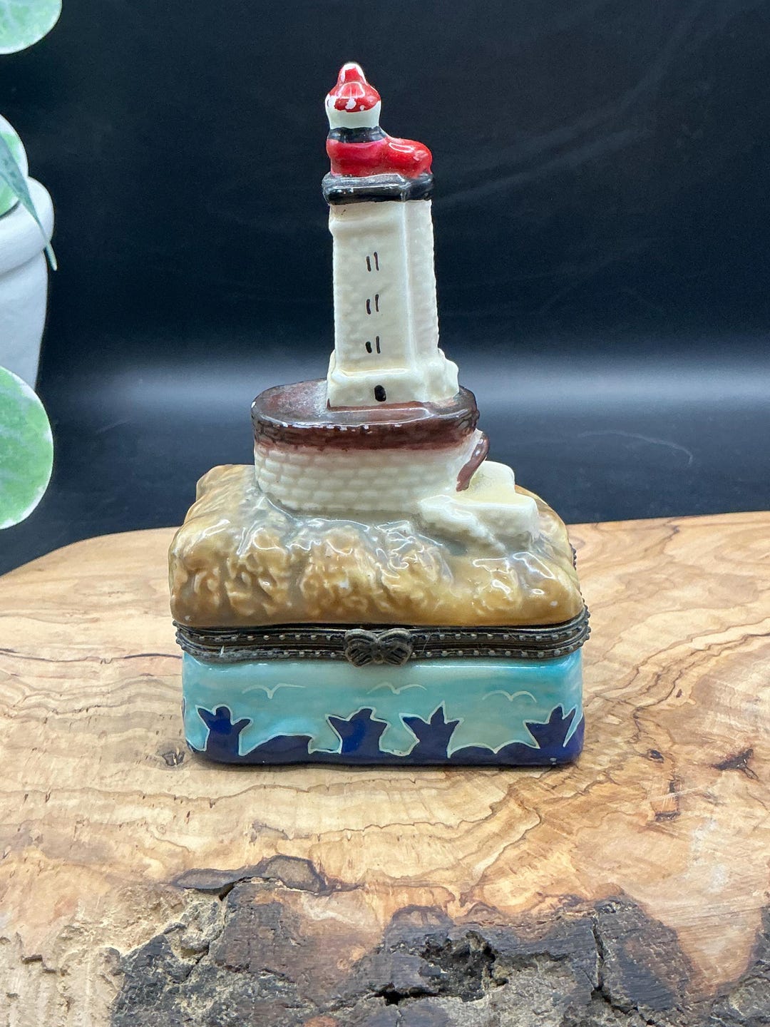 Vintage Porcelain Hinged Lighthouse Trinket Box Brass Fittings Unmarked ...