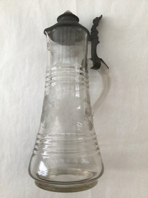 Vintage German Etched Glass Wine Pitcher | Etsy