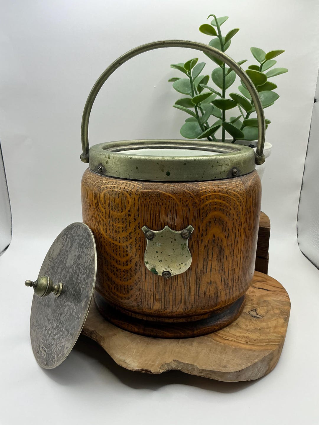 VTG HC & Co S SAC English Silver Plate Oak Brass Biscuit Cookie Barrel ...
