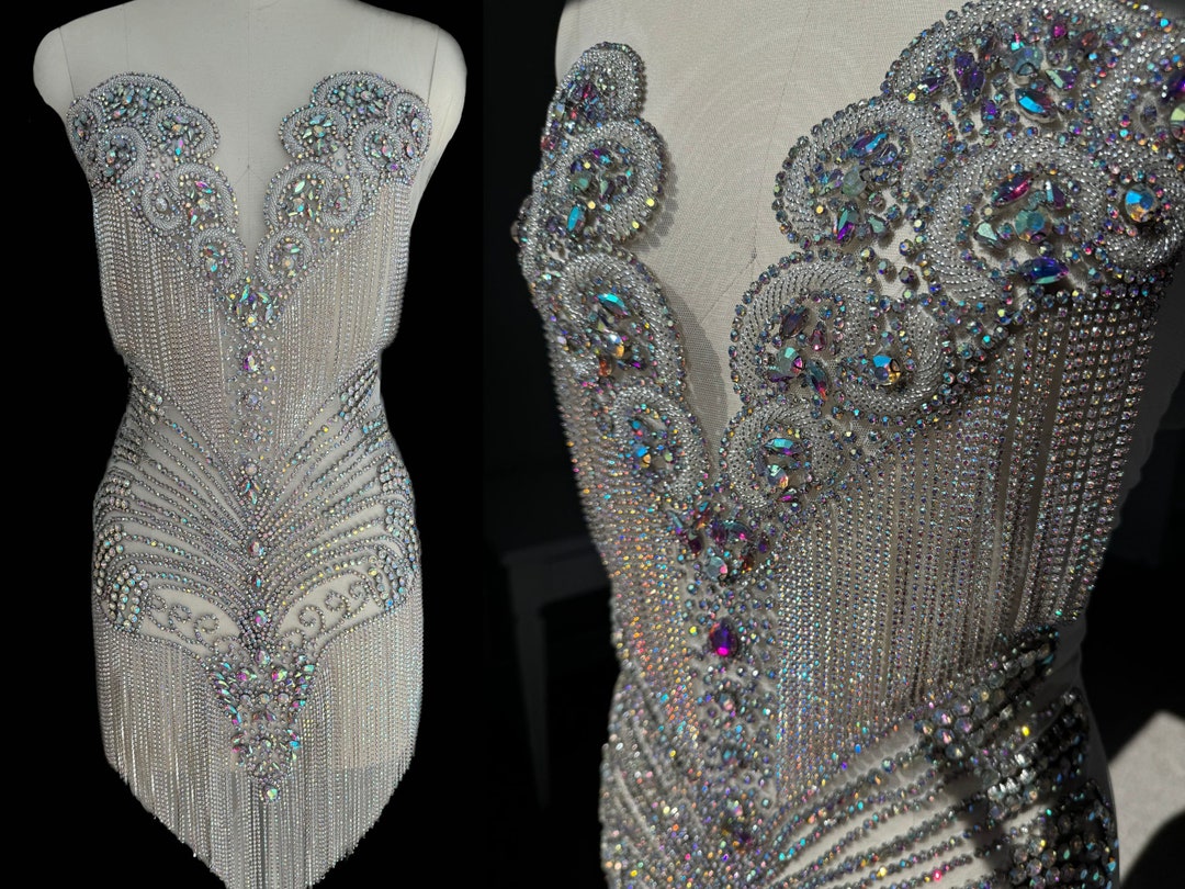 Silver Rhinestone Bodice Applique, Full Bodice Rhinestone Beaded ...