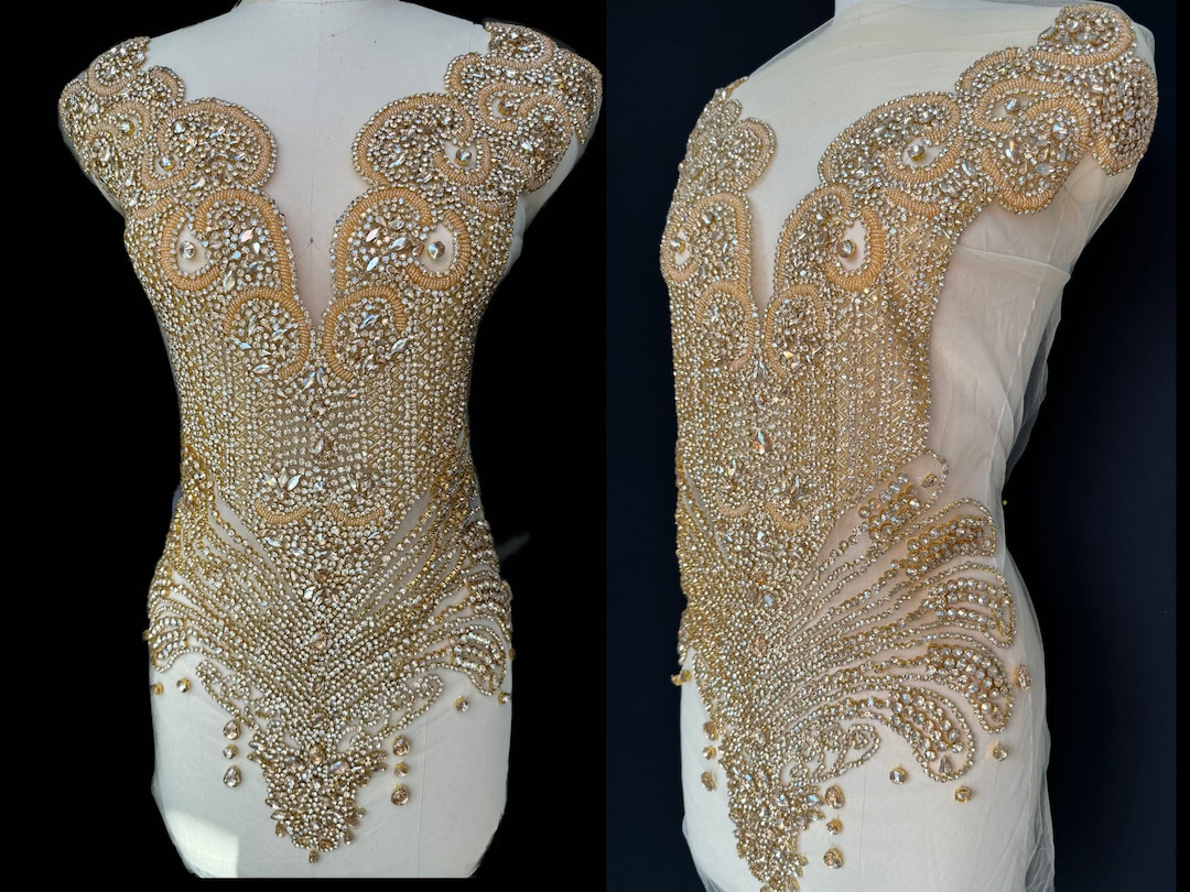 Gold Rhinestone Bodice Applique, Full Bodice Rhinestone Beaded Applique ...
