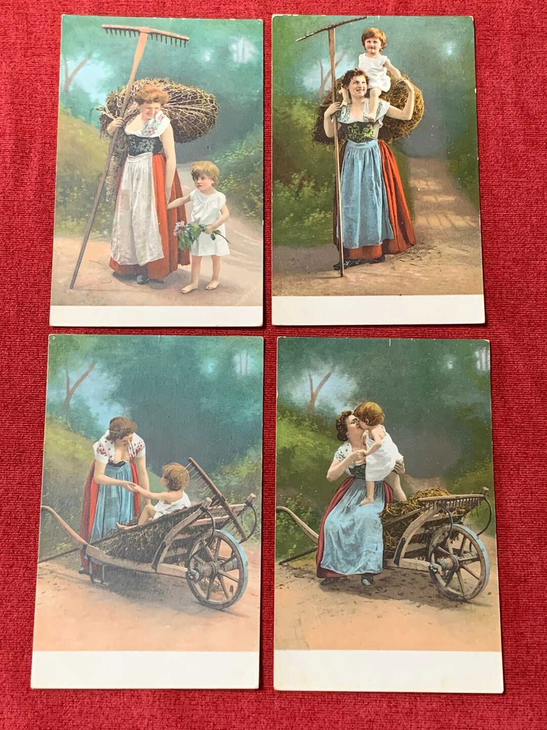 Set of 4 X Antique Postcards Mother and Child Working on Farm Printed ...
