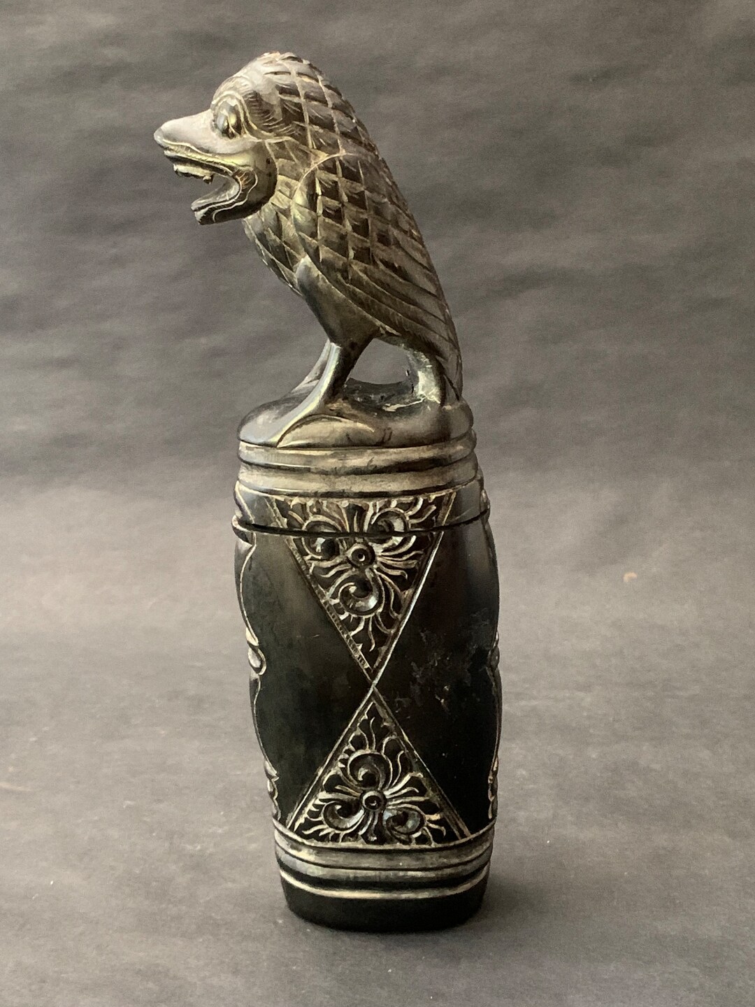 Unusual Hand Carved Horn Container With Bird Lombok Indonesia 20.5cm ...