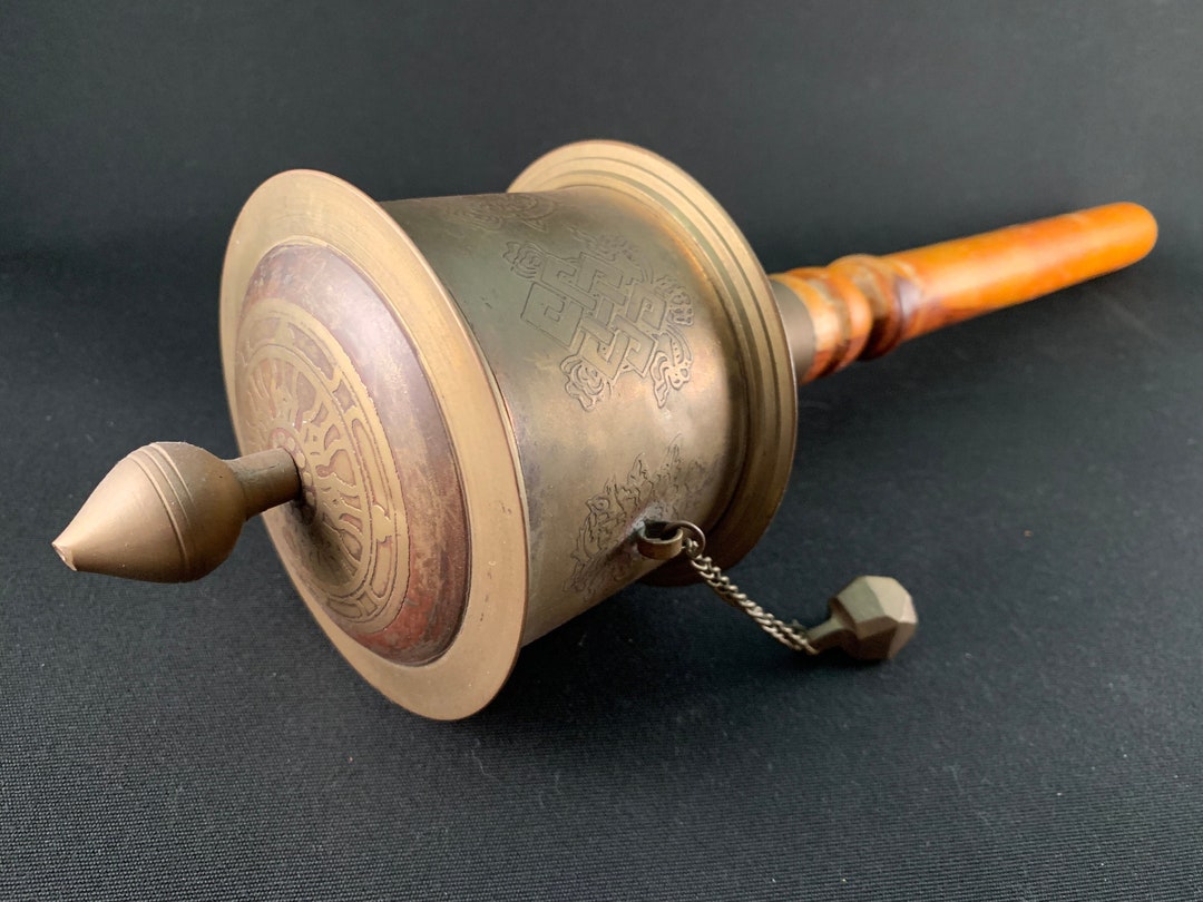 Vintage Wooden-handled Prayer Wheel Featuring the Ashtamangala or 8 ...
