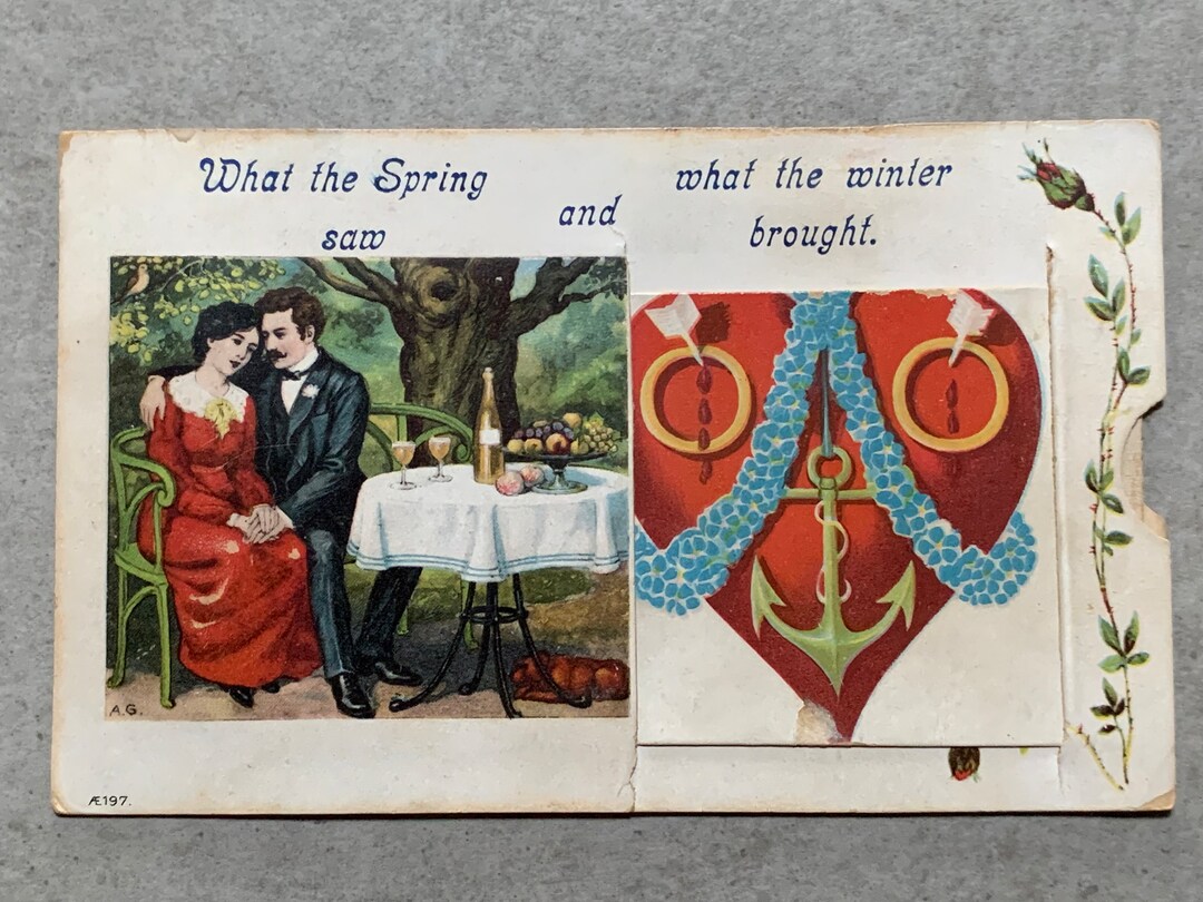 Unusual Antique Postcard Sliding Panel Image Spring Lovers Winter Stork ...
