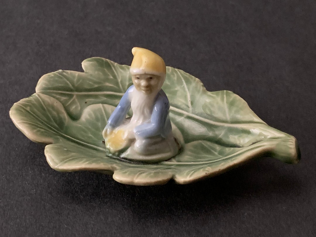Shamrock Pottery Pin/ Trinket Dish With Gnome/ Elf Sitting on a Leaf ...