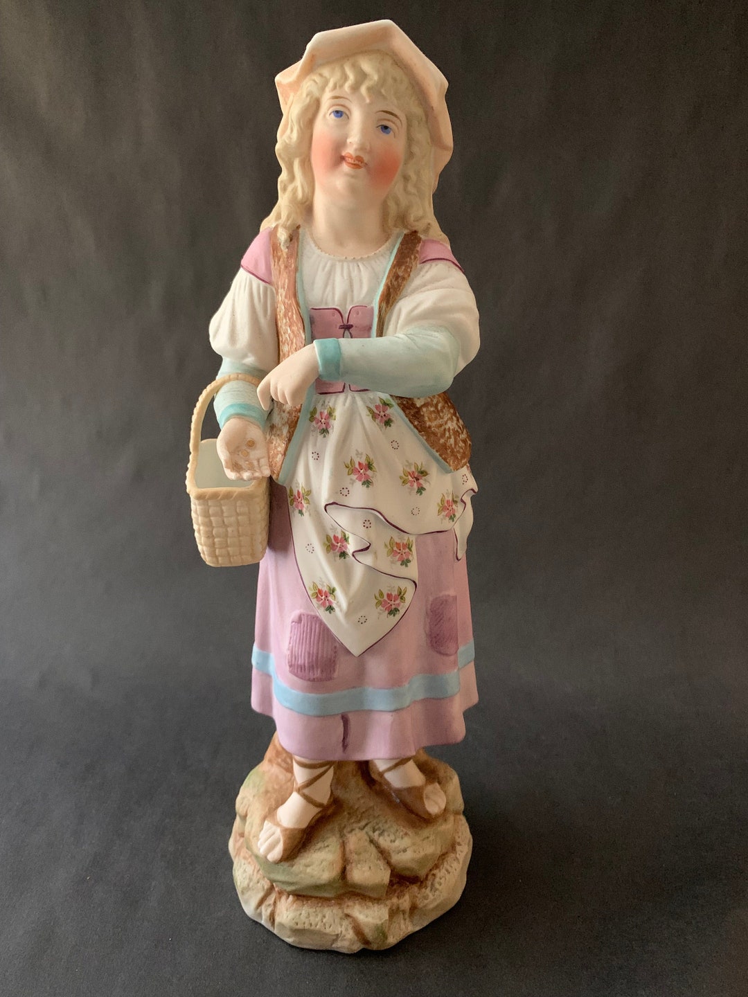 Larger Antique Porcelain Bisque Statue of a Lady With Lovely Dress Rosy ...