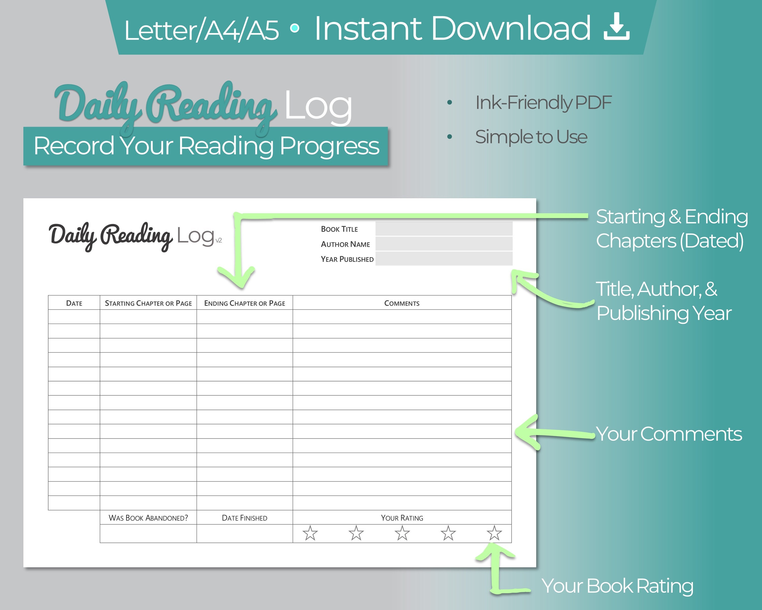Reading Log Printable to Track Reading Activity With Reading List to ...