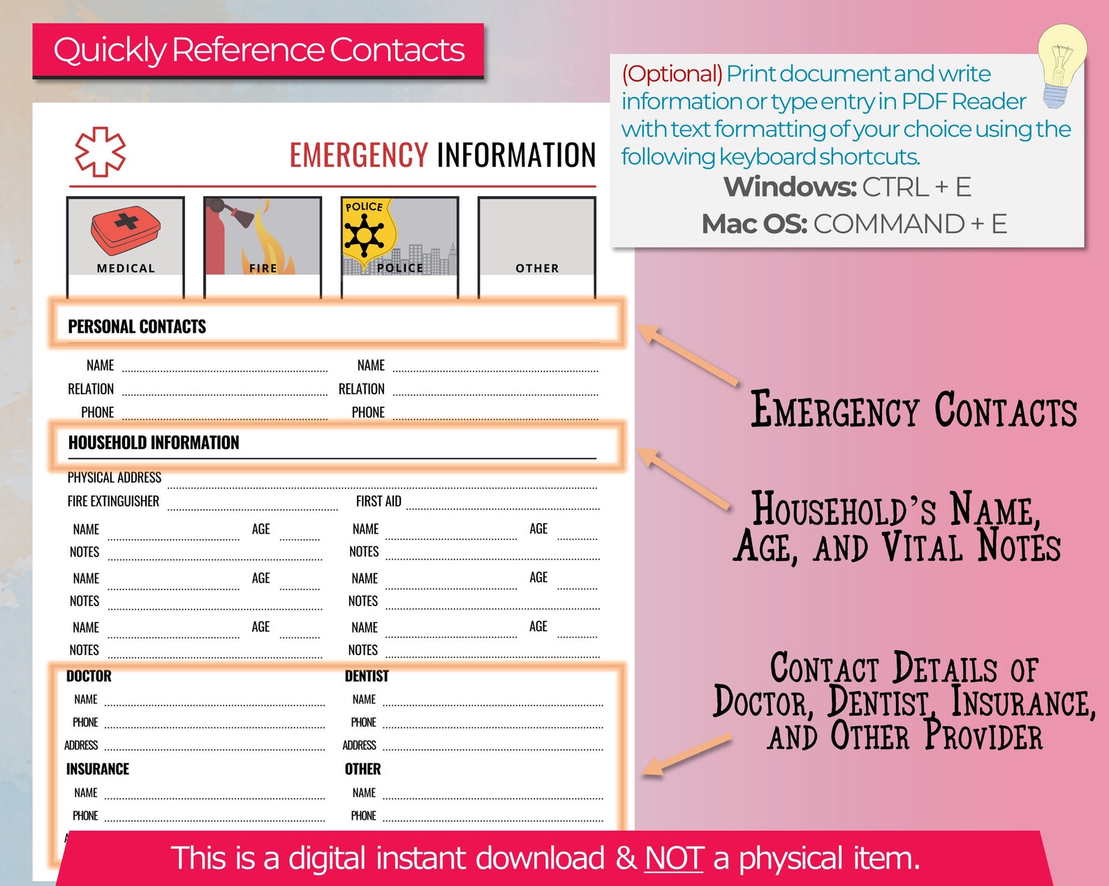 Home Emergency Contact Printable PDF - Emergency Info Sheet and ...