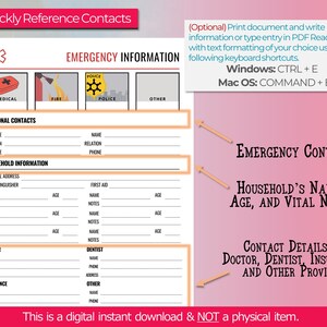 Home Emergency Contact Printable PDF - Emergency Info Sheet and ...