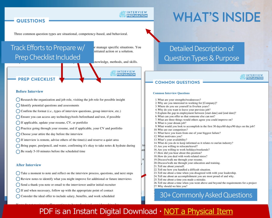 Interview Prep Planner: Interview Questions, Checklist, Tracker (PDF ...