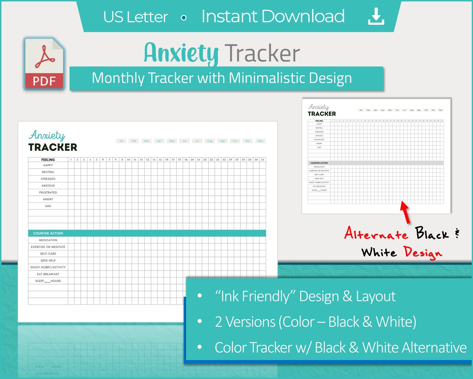 Printable Anxiety Tracker Track Feelings and Counter Anxiety Actions or ...