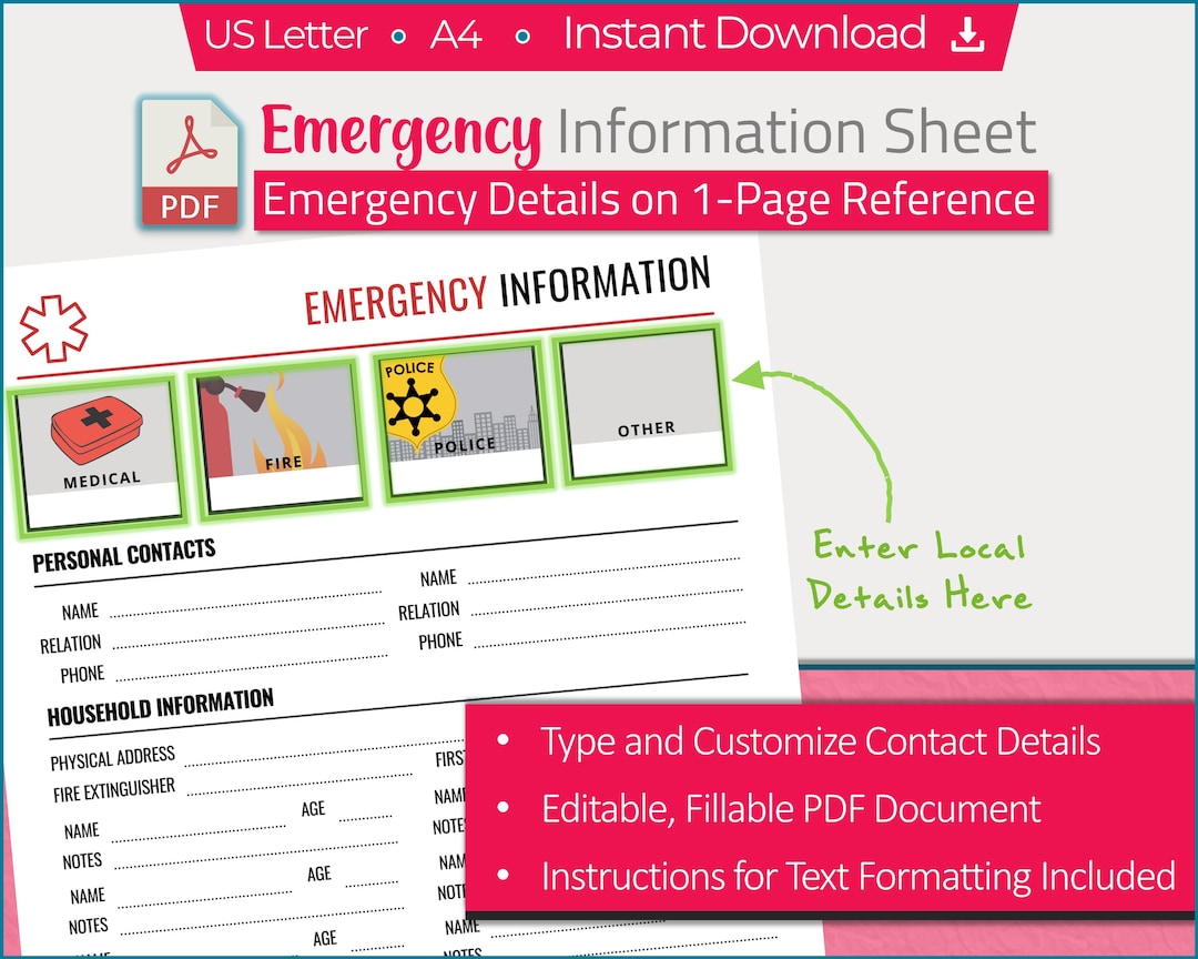 Home Emergency Contact Printable PDF - Emergency Info Sheet and ...