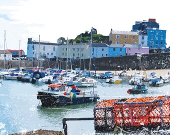 Watercolour Print, Tenby Harbour, Pembrokeshire, Wales, Size in 14 X 11 ...