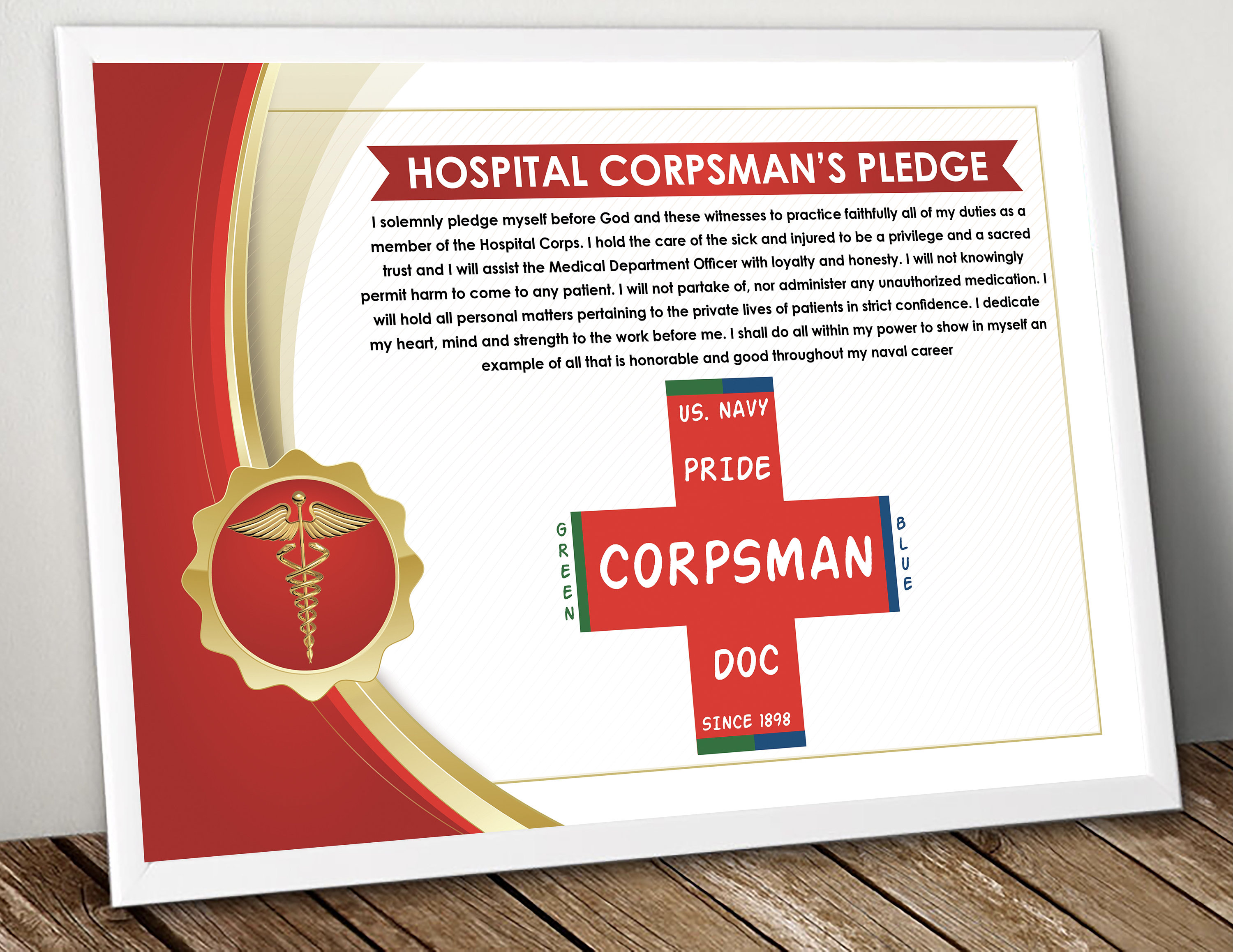 Navy Hospital Corpsman Pledge Certificate: USN Medic Appreciation ...