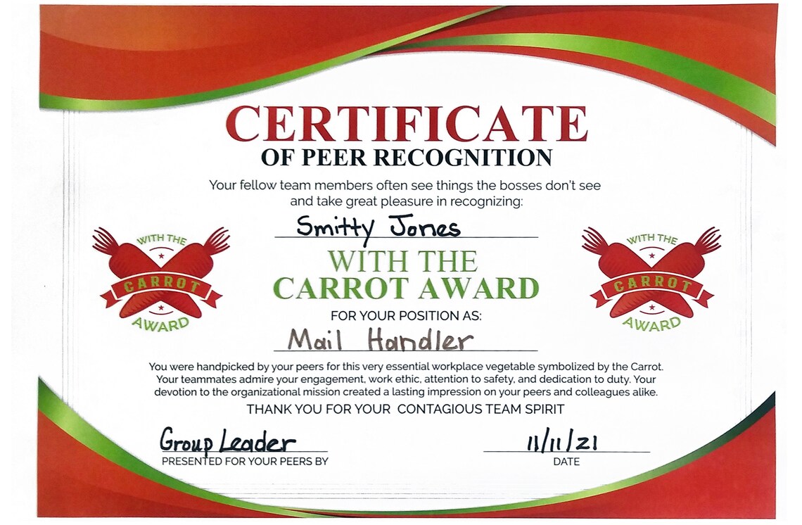 Peer Recognition Certificate Achievement Carrot Peer Review Etsy