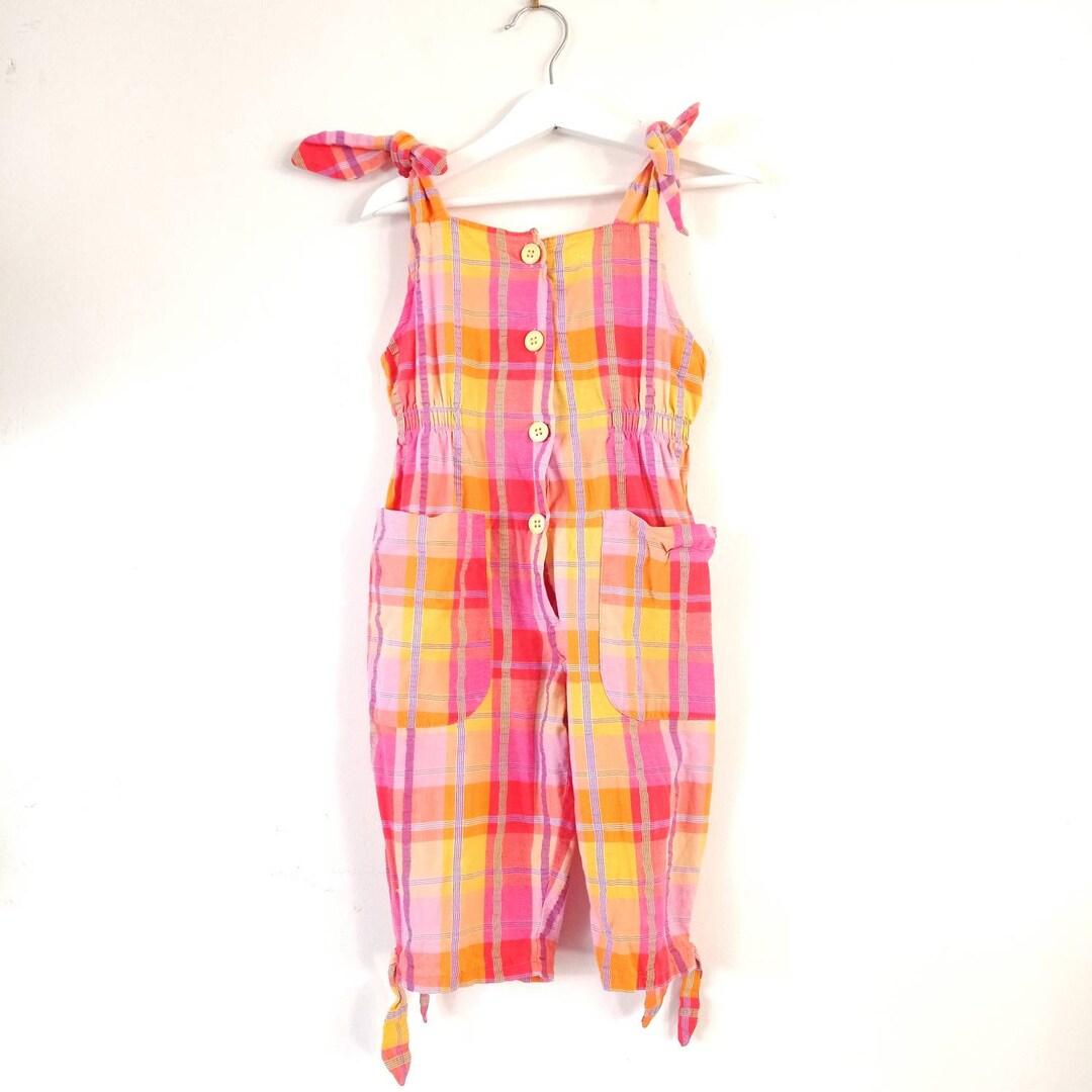 Vintage Girl Overalls 90s Mutlicolor Checkered Orange and Pink Size 4 ...