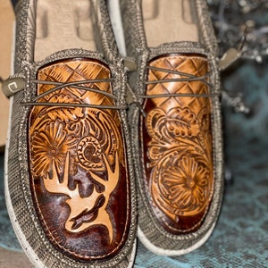 Deer and Sheridan Basketweave Custom Leather Hey Dudes - Etsy