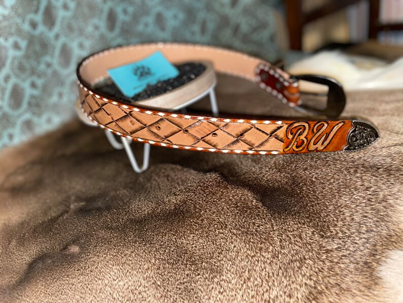 Hand Tooled Custom Quilt Pattern With Initials Leather Belt - Etsy