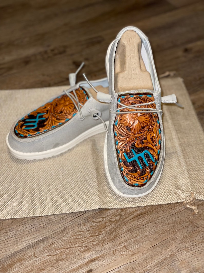Sheridan Floral and Brand Custom Leather Hey Dude’s - Etsy