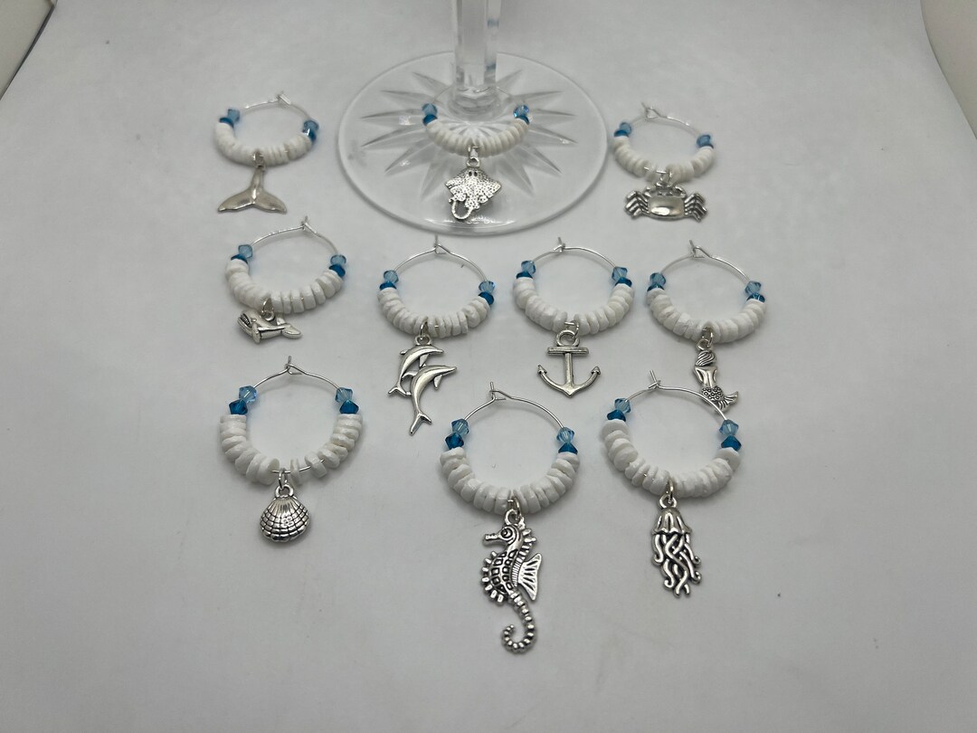 10 Ocean Beach Sea Themed Jewelry Quality Wine Charms With Clam Shell ...