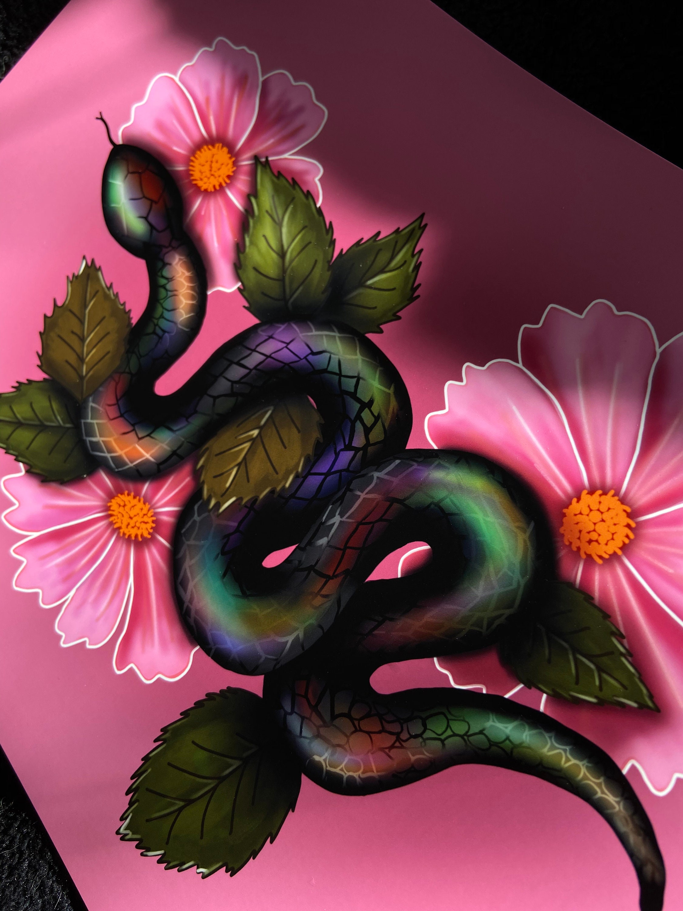 Black Rainbow Snake With Flowers Art Print Tattoo Style | Etsy