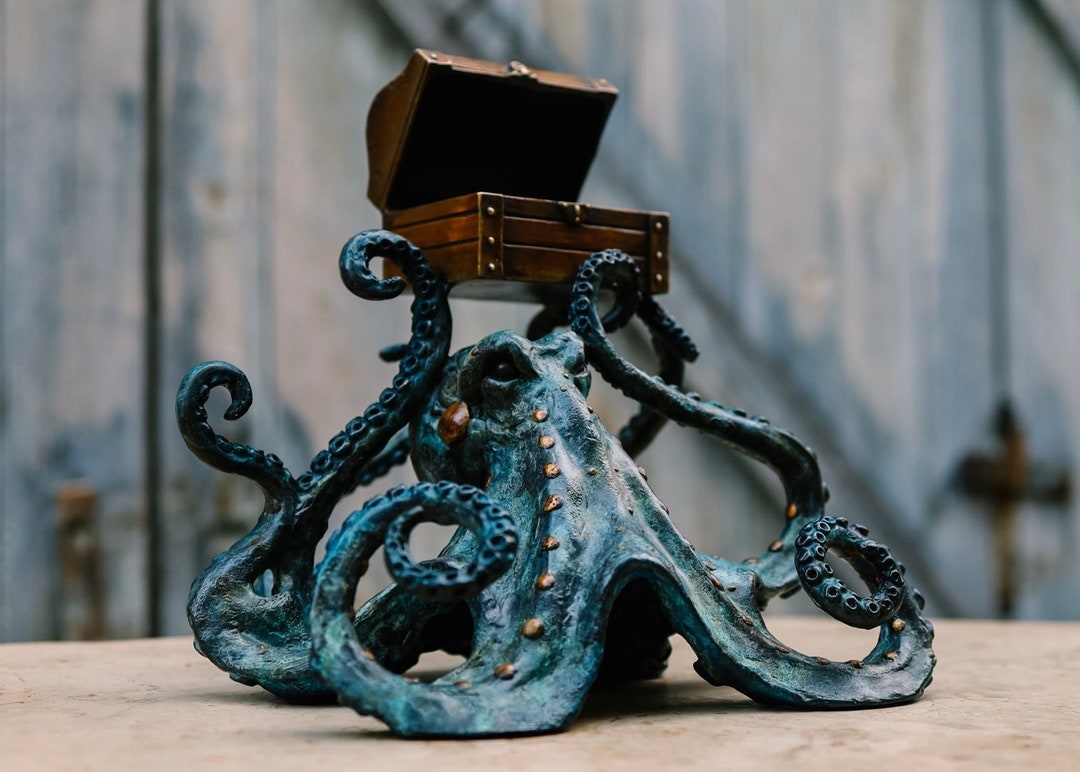 Octopus W/treasure Chest-bronze Sculpture - Etsy