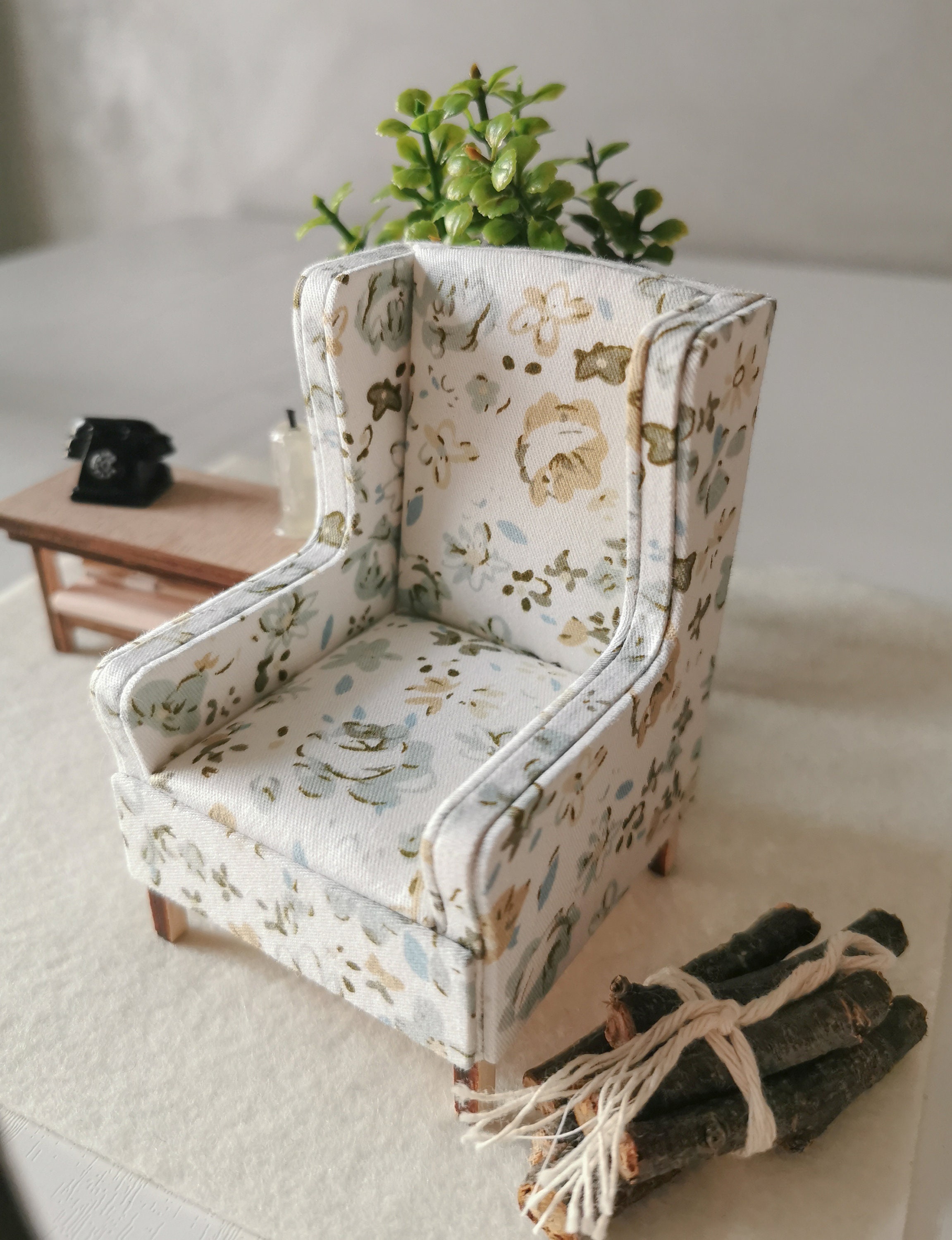 Scale 1/12. Miniature Small White Armchair With a Delicate Pattern on ...