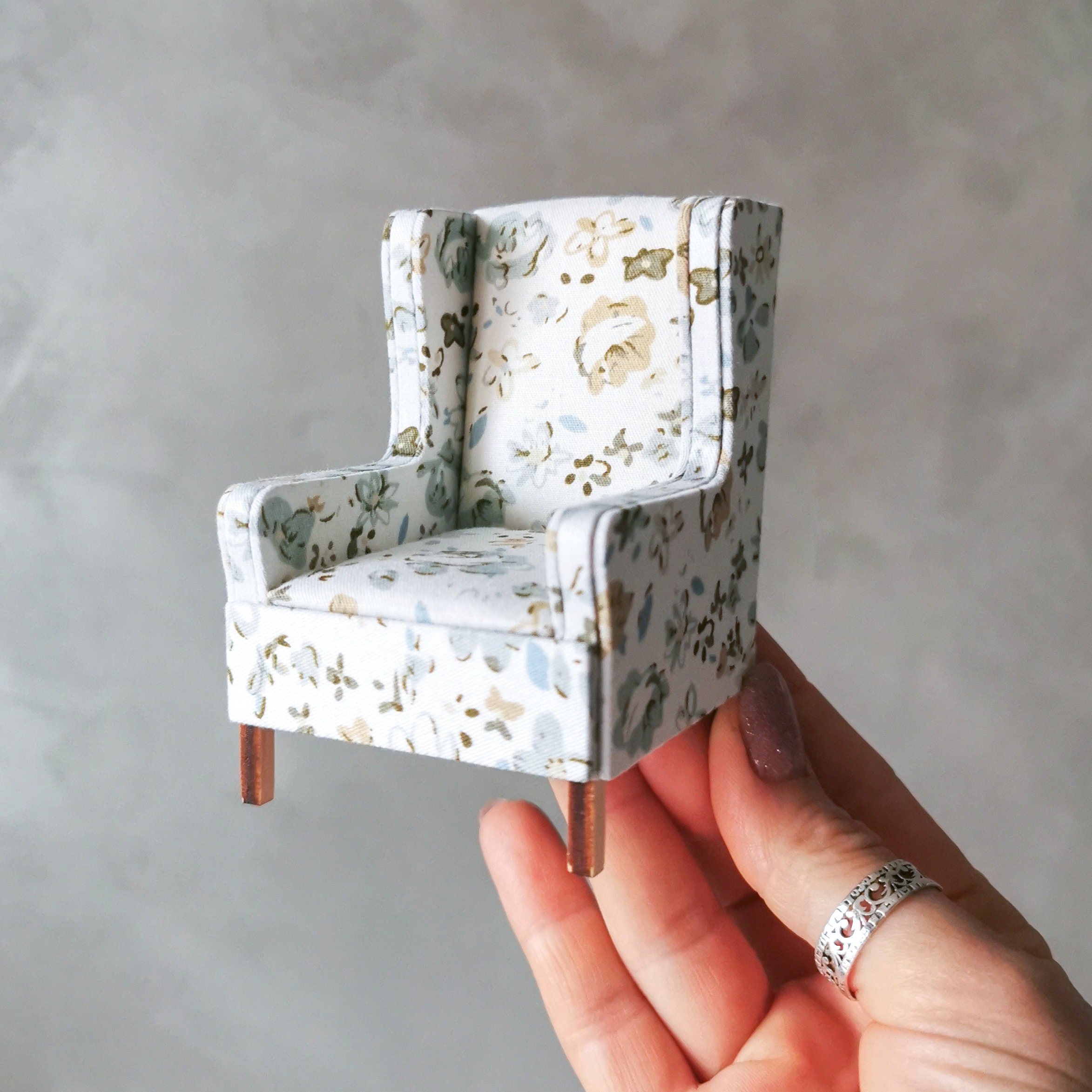 Scale 1/12. Miniature Small White Armchair With a Delicate Pattern on ...