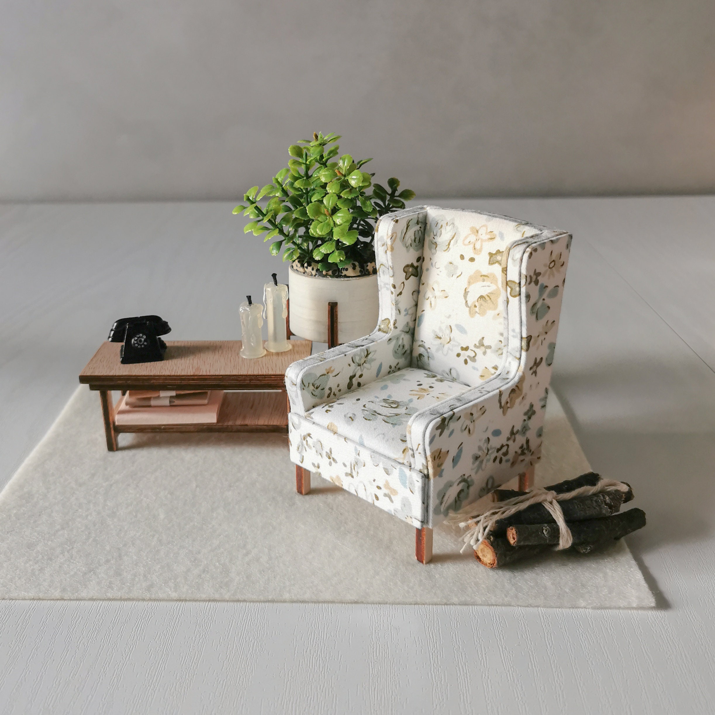 Scale 1/12. Miniature Small White Armchair With a Delicate Pattern on ...