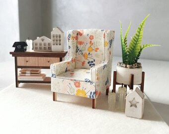 Scale 1/12. Miniature Small White Armchair With a Delicate Pattern on ...