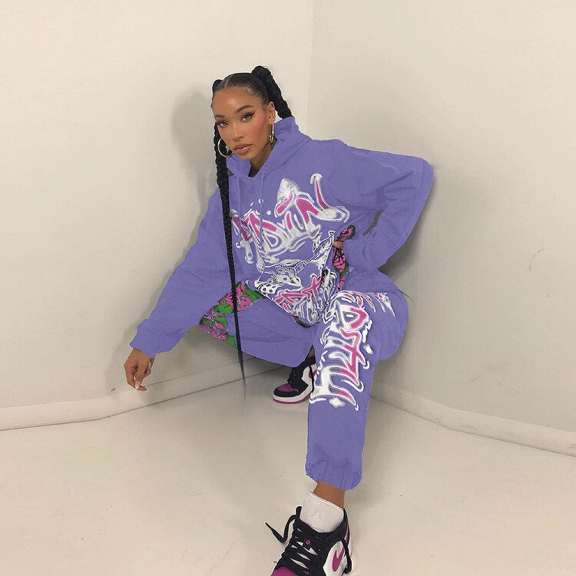 Graffiti Print Women Two-piece Set Loose Hoodies and Baggy | Etsy