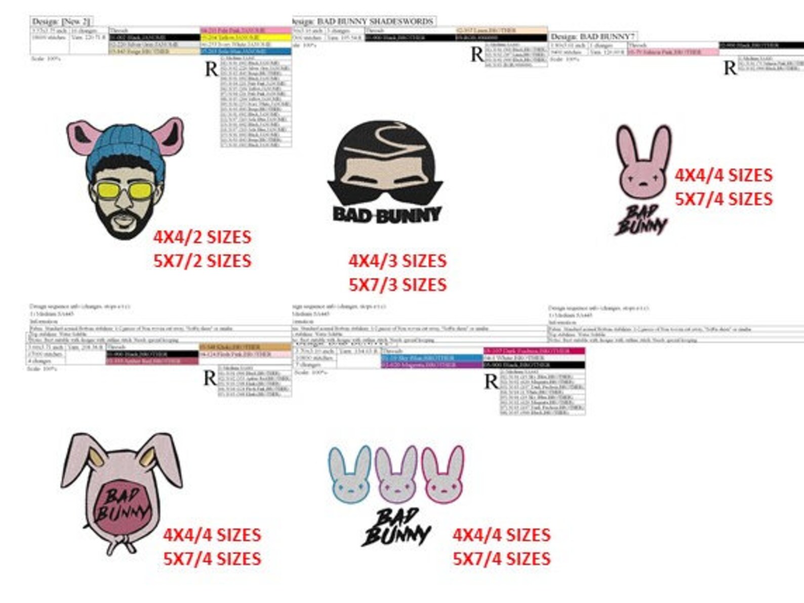 BAD BUNNY Embroidery Designs 5 Designs Bundle - Etsy