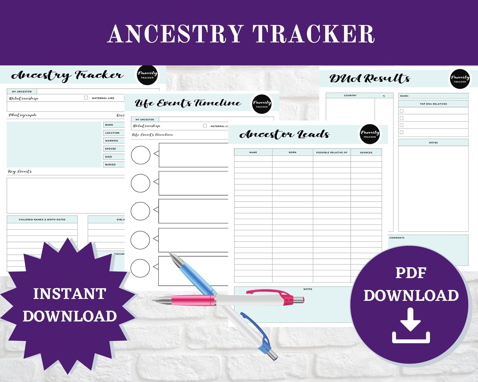 Printable Ancestry Tracker 8.5x11 Sheets Digital Instant PDF Download ...