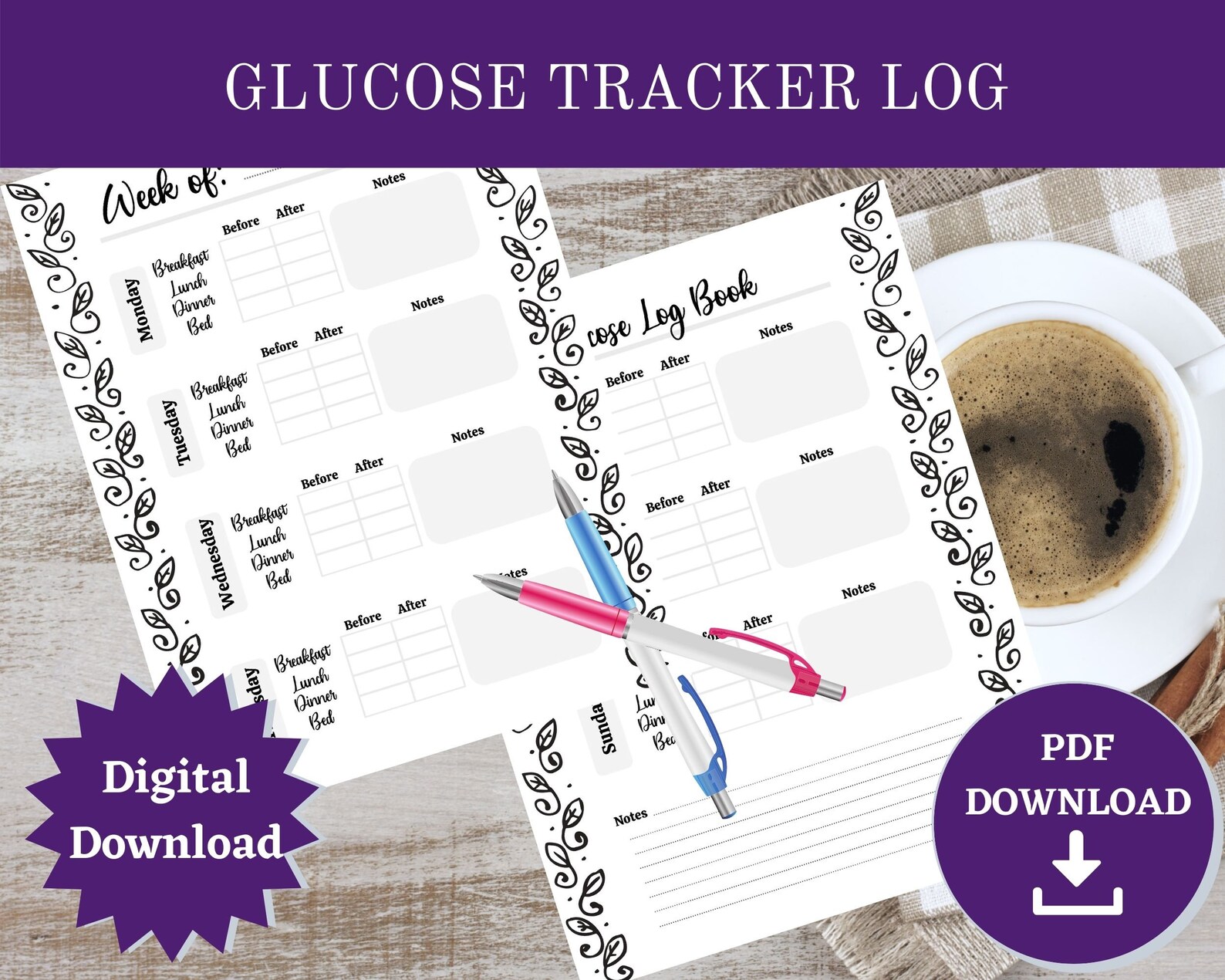 Printable Glucose Tracker Pages | Blood Sugar Log | Diabetes | Pre ...
