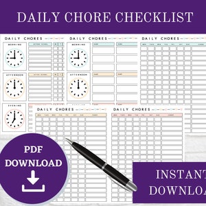 Printable Daily Chore Chart Checklist 8.5X11 Inch Sheets Digital ...