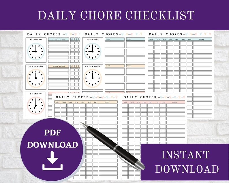 Printable Daily Chore Chart Checklist 8.5X11 Inch Sheets Digital ...