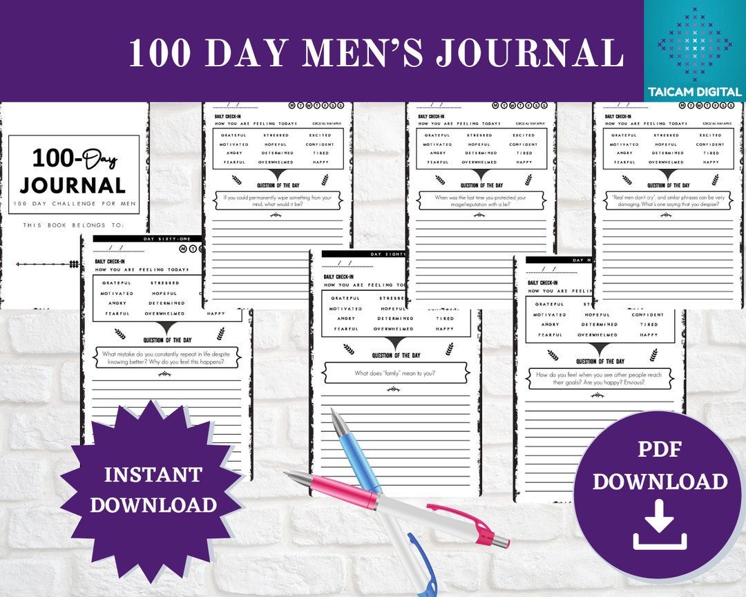 Printable 100 Day Journal for Men 100 Day Challenge 6X9 Inch Sheets ...