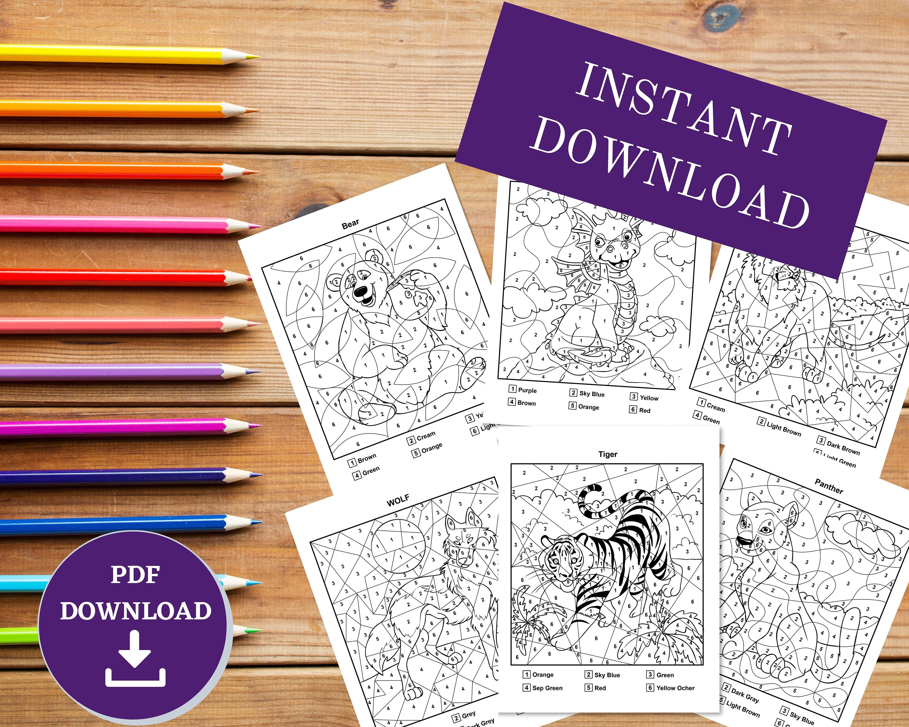 Printable Kid's Color by Numbers Coloring Pages | 8.5x11 Sheets Digital ...
