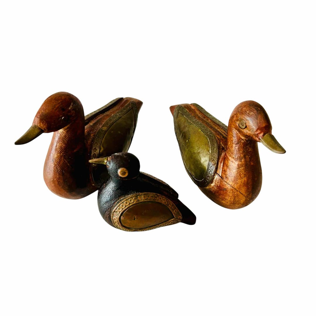 Brass Bronze and Wooden Duck Figurines, Family of Ducks Decor. Vintage Brass Home or Office ...