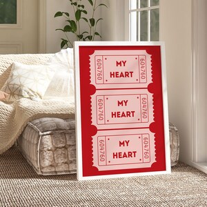 My Heart Ticket Print, Pink and Red Wall Art, Romantic Wall Art, Girly ...